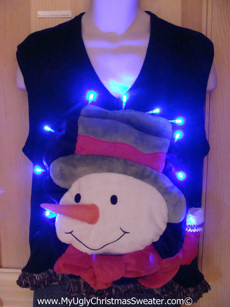 Tacky 3d Ugly Christmas Sweater Vest Mens Puffy Frosty With Lights And