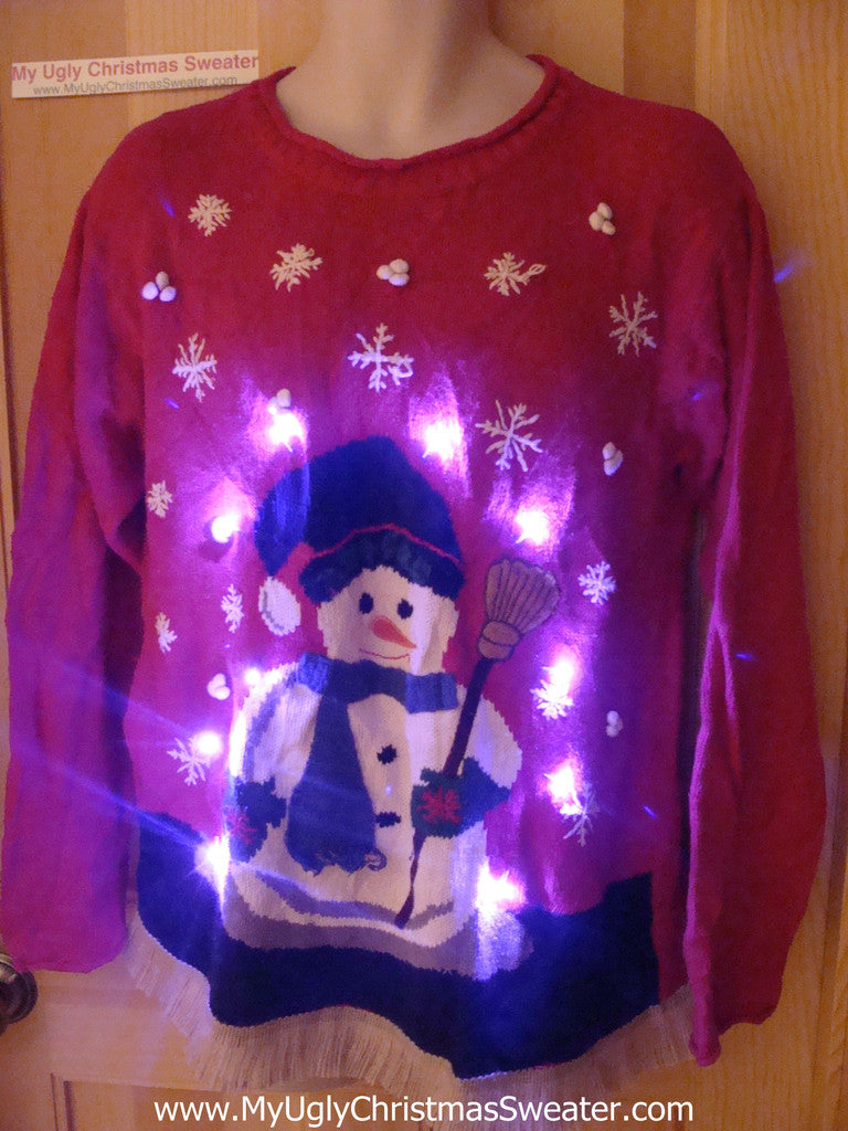 Tacky Ugly Christmas Sweater With Lights And Fringe Giant Glowing Sno