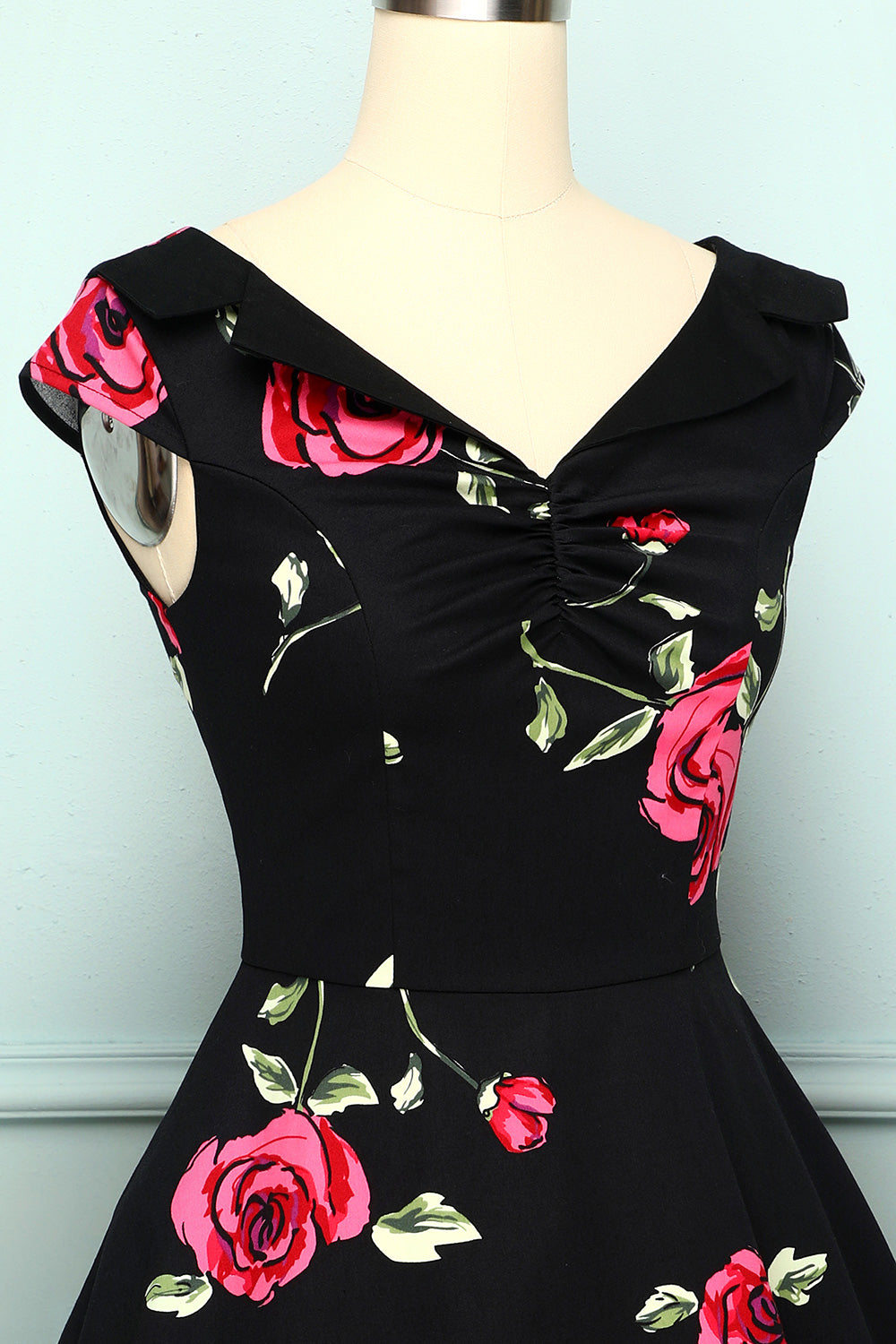 Retro Style 1950s Black V Neck A Line Rose Printed Cocktail Party Swing