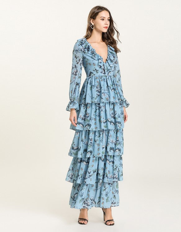 Blue Floral V Neck Long Sleeved Tiered Ruffle Maxi Dress Comino Couture