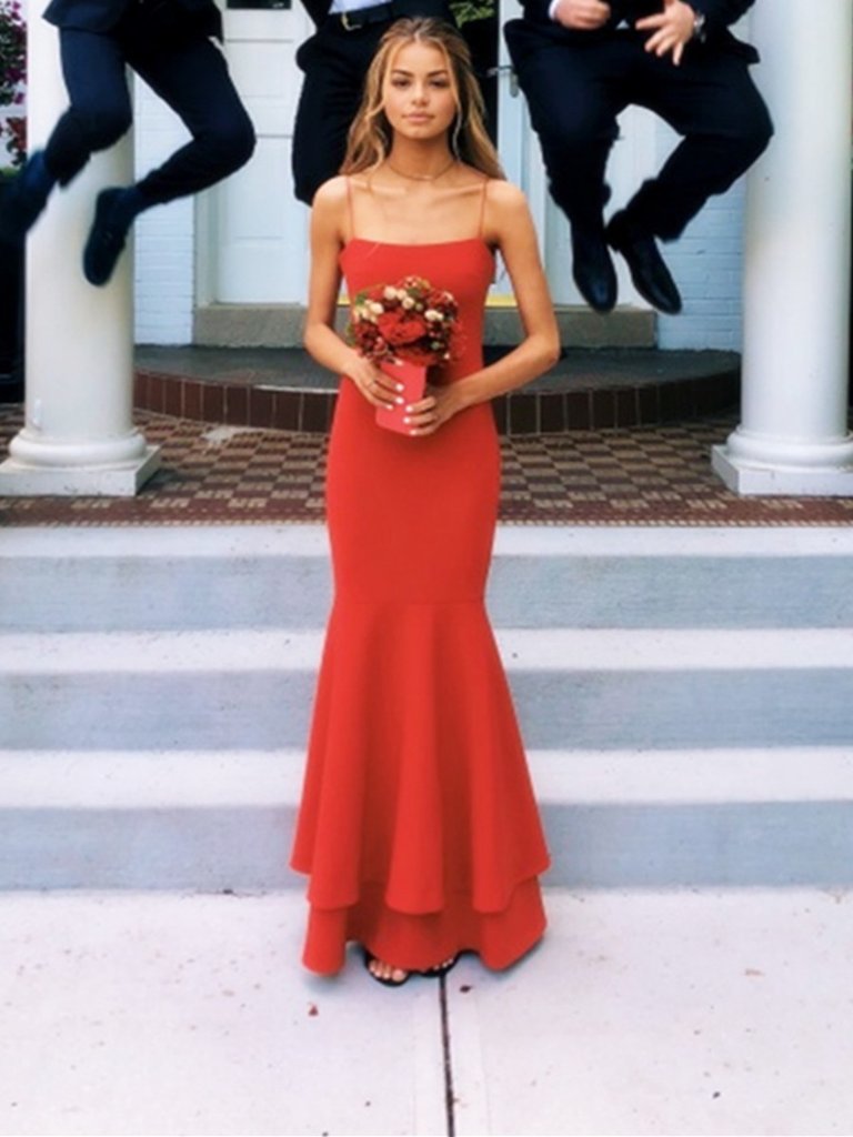 Buy Simple Spaghetti Straps Red Mermaid Prom Dresses Red Thin Straps