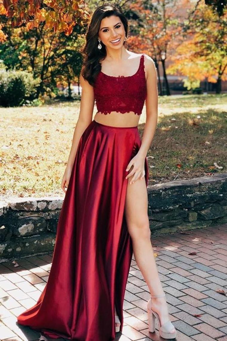 Buy 2019 Slit Two Pieces Prom Dresses Lace Bodice Sexy Dress Online