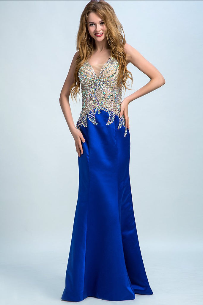 Dark Royal Blue Mermaid Prom Dresses V Neck Beaded Bodice Satin Evenin