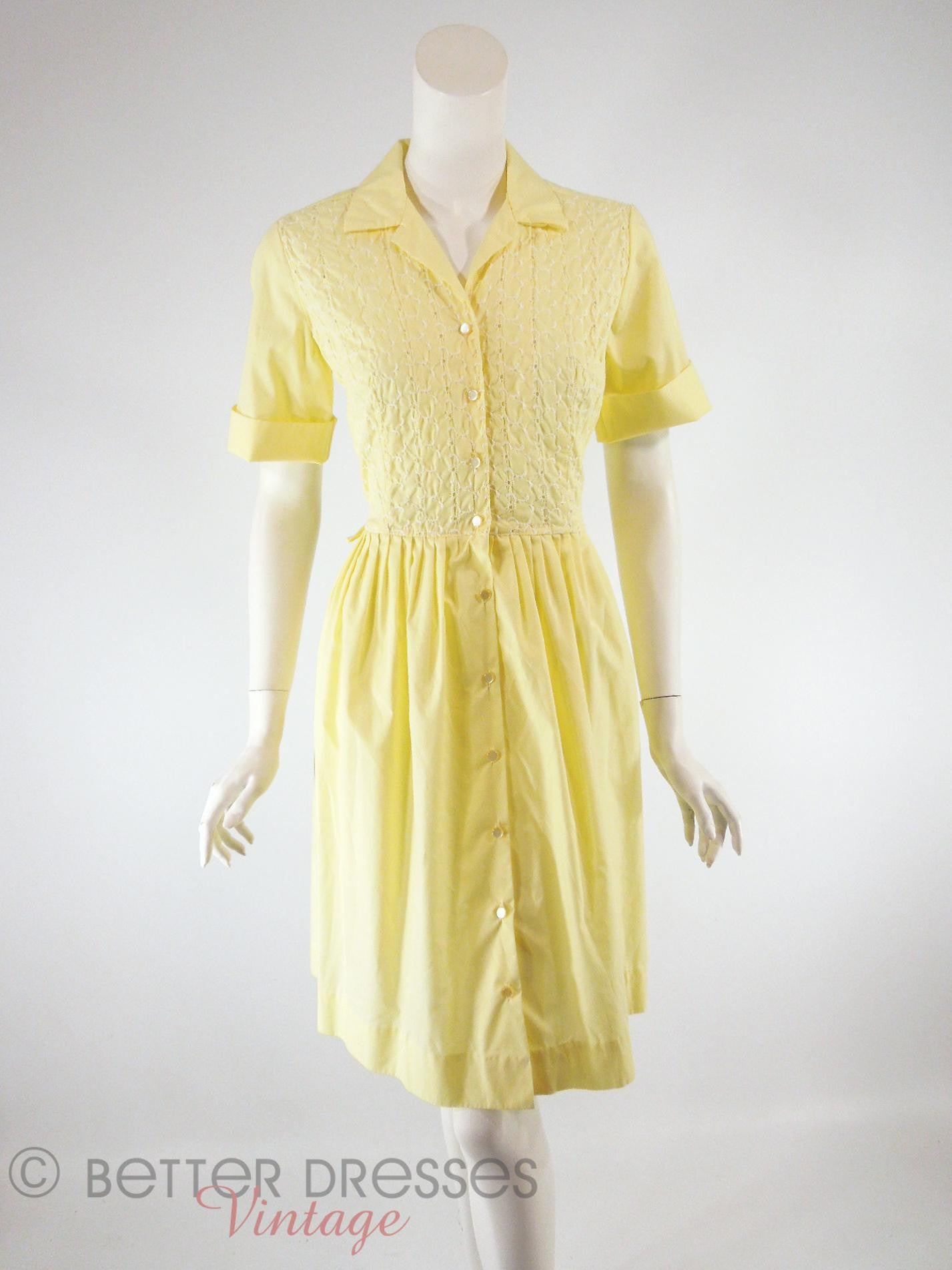 Vintage 1960s Yellow Shirtwaist Dress With White Eyelet Embroidery Sm