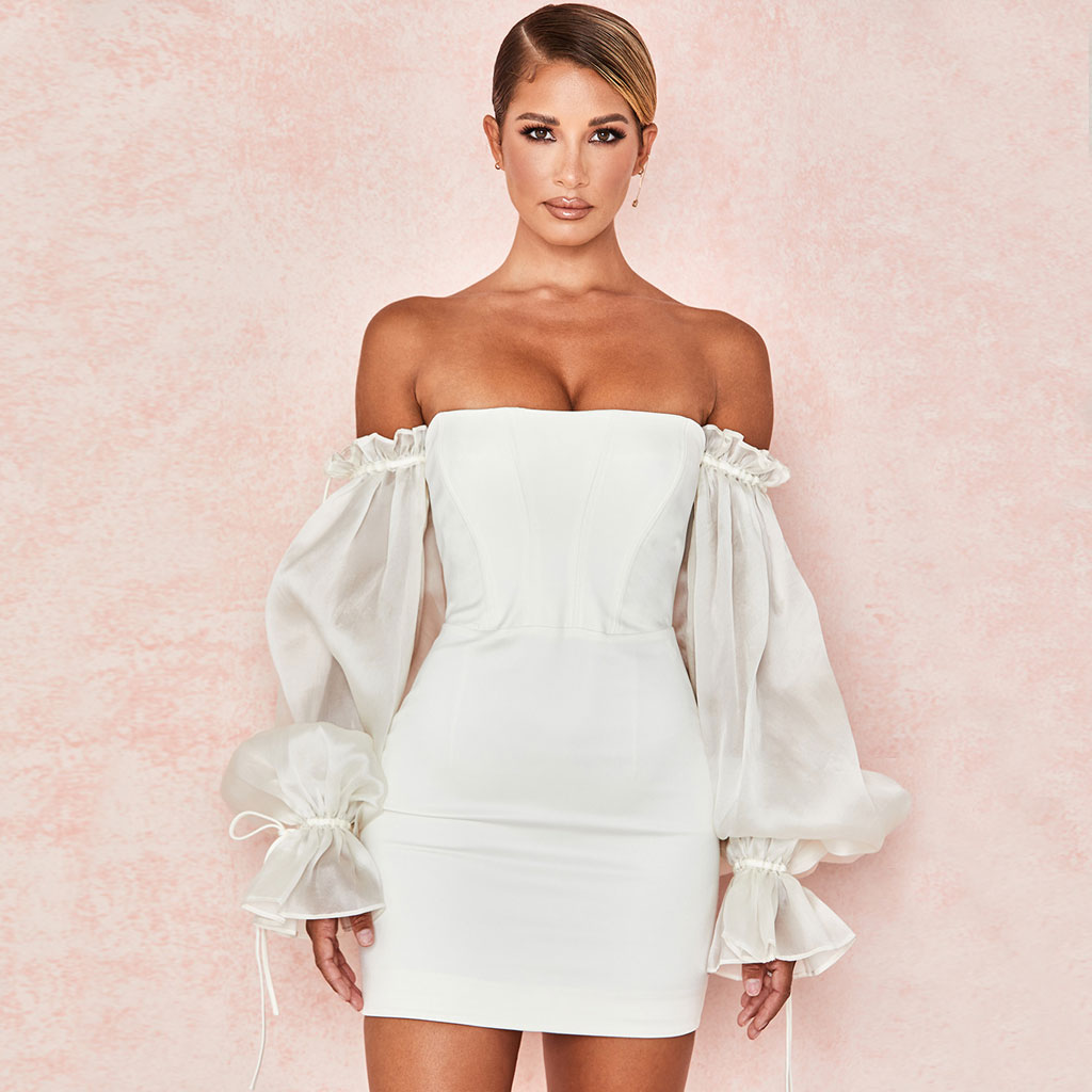 Cute Off Shoulder Puff Sleeve Bodycon Party Mini Dress White Trendy