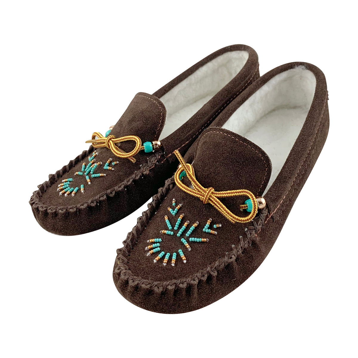 Womens Genuine Leather Fleece Lined Beaded Moccasin Slippers