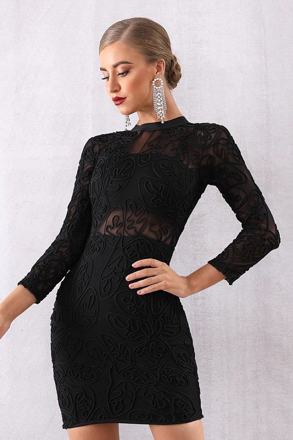 New Sexy Black Long Sleeve Lace Bandage Club Party Dress