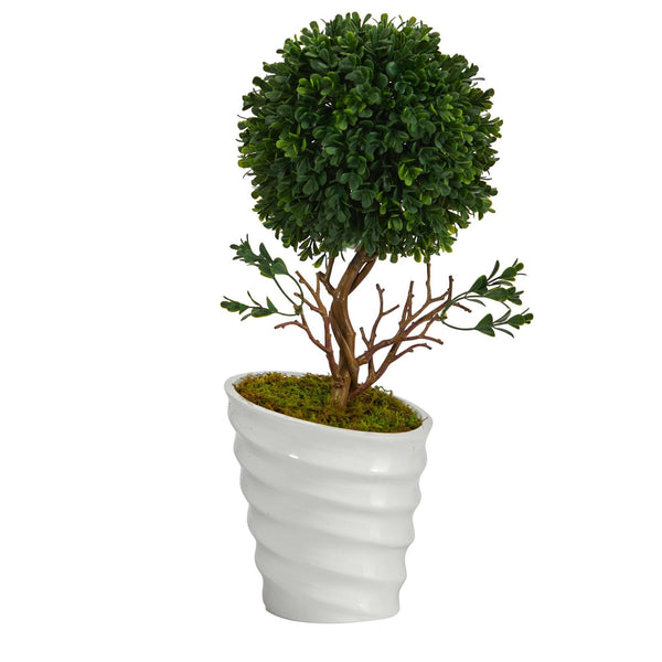 19” Boxwood Topiary Artificial Tree In White Vase Uv Resistant Indoor