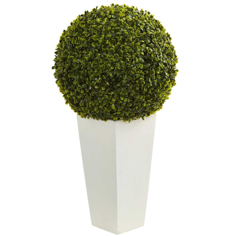 28” Boxwood Topiary Ball Artificial Plant In White Tower Planter