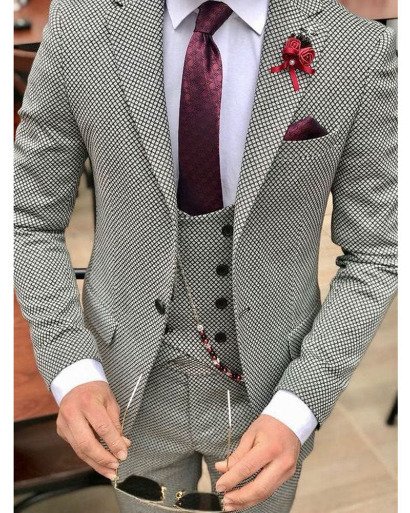 Fashion Wool Houndstooth Men Dress Prom Suits For Wedding Groom Tuxedo