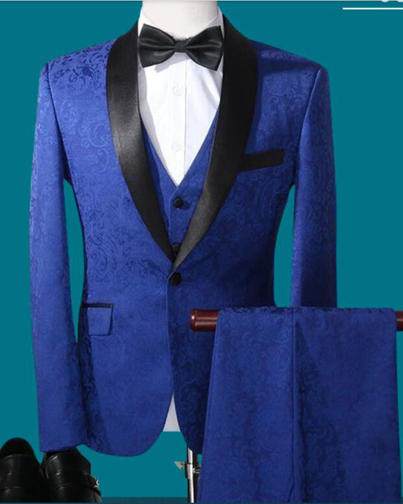 Jacquard Pattern Roayl Blue Tuxedos For Men Wedding Prom Suits 3 Piec