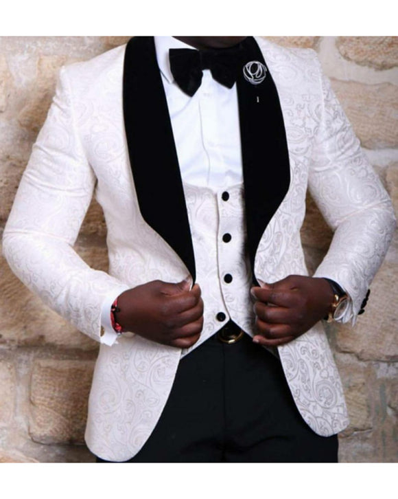 Whiteblack Wedding Suit Jacquard Men Groom Suits 3 Pieces Jacket Ve