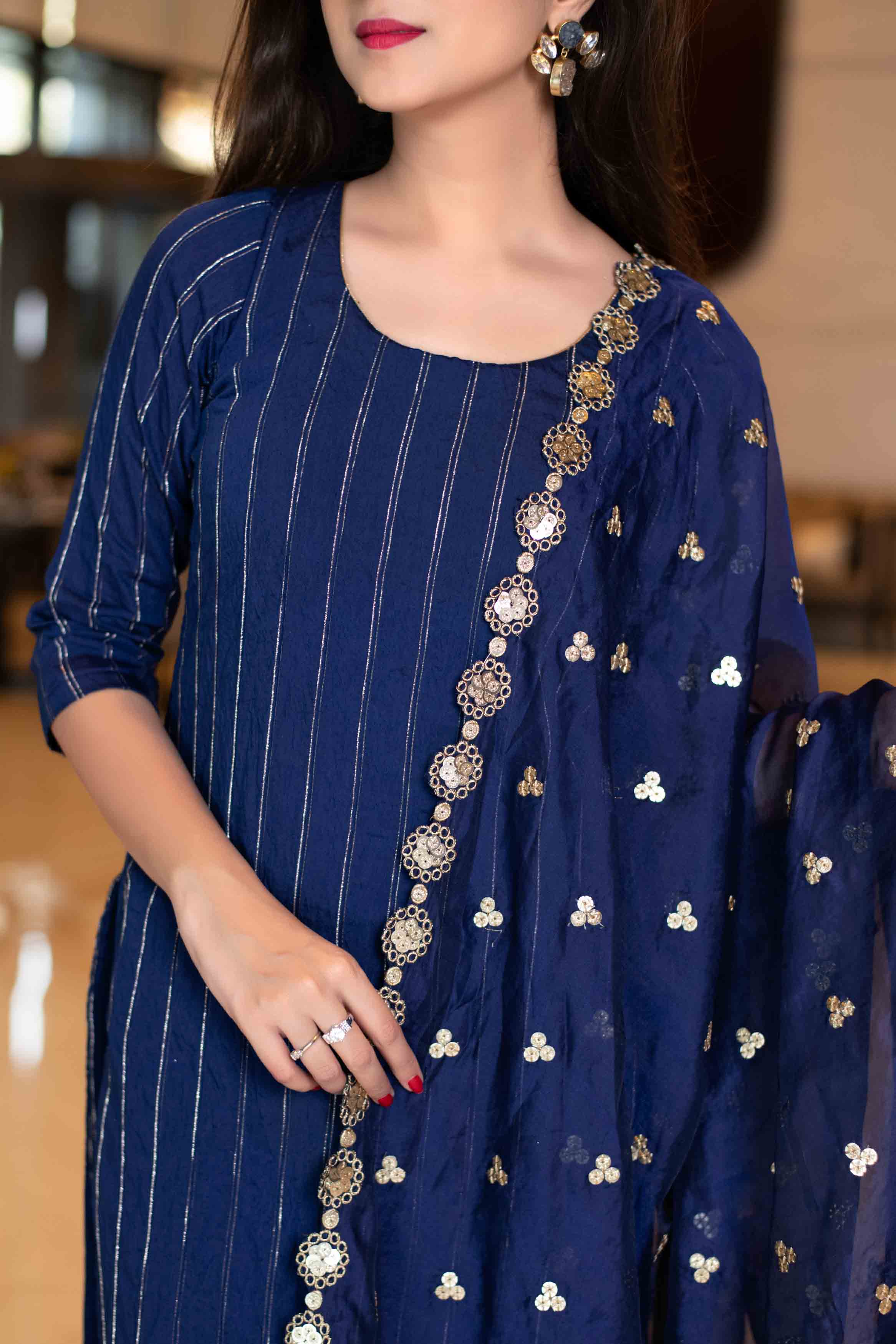 Kurta Set Royal Blue Kurta Set With Organza Dupatta Online In India