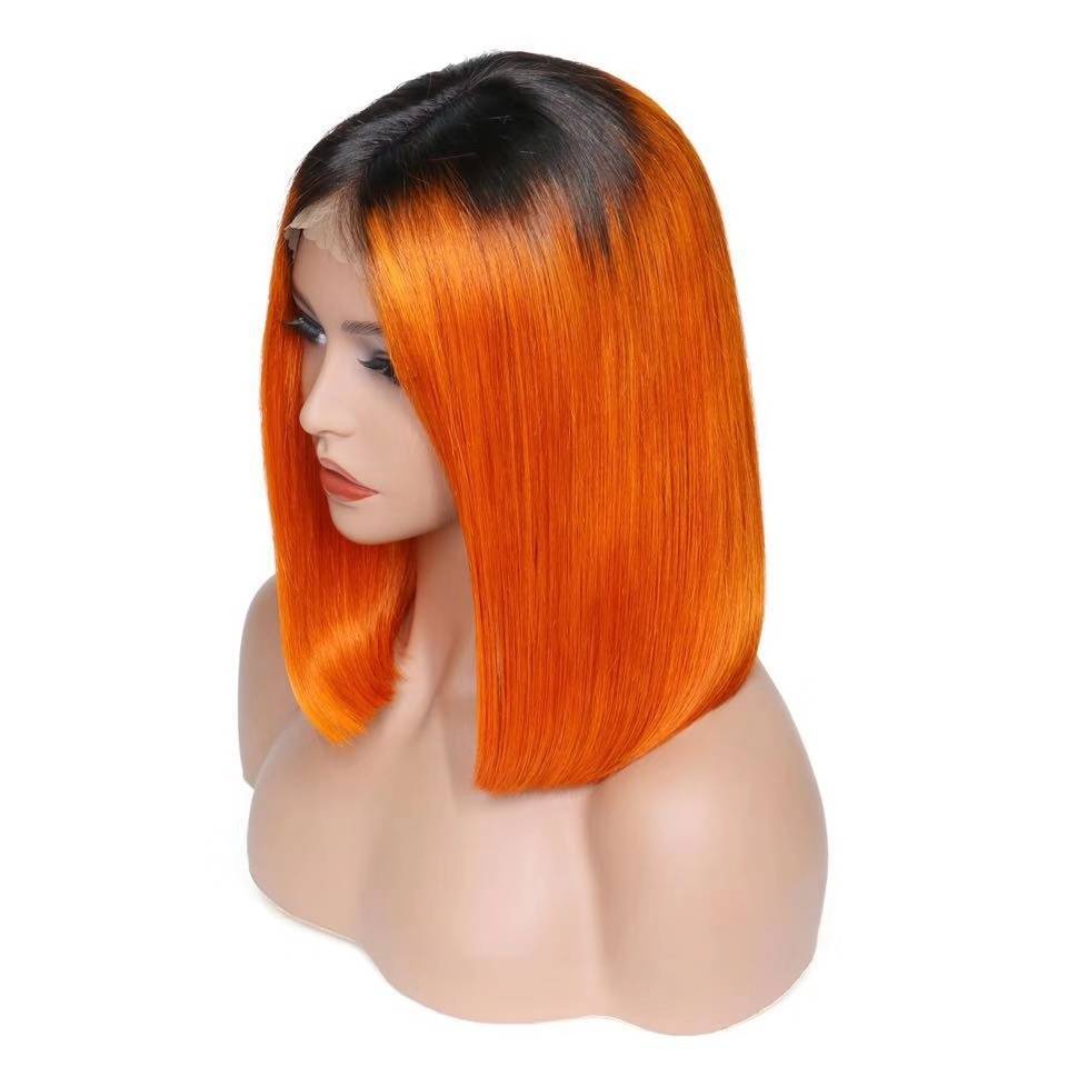 Peruvian Hair Orange With Black Root Color Straight Lace Front Bob Wig