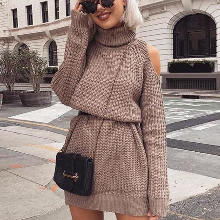 Autumn Winter Turtleneck Off Shoulder Knitted Sweater Dress Women Hplify