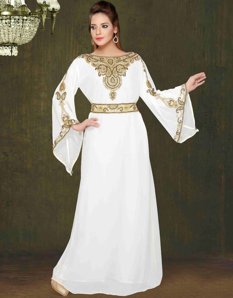 Aline Kaftan With Boat Neckline Georgette Fabric Golden Embroidered