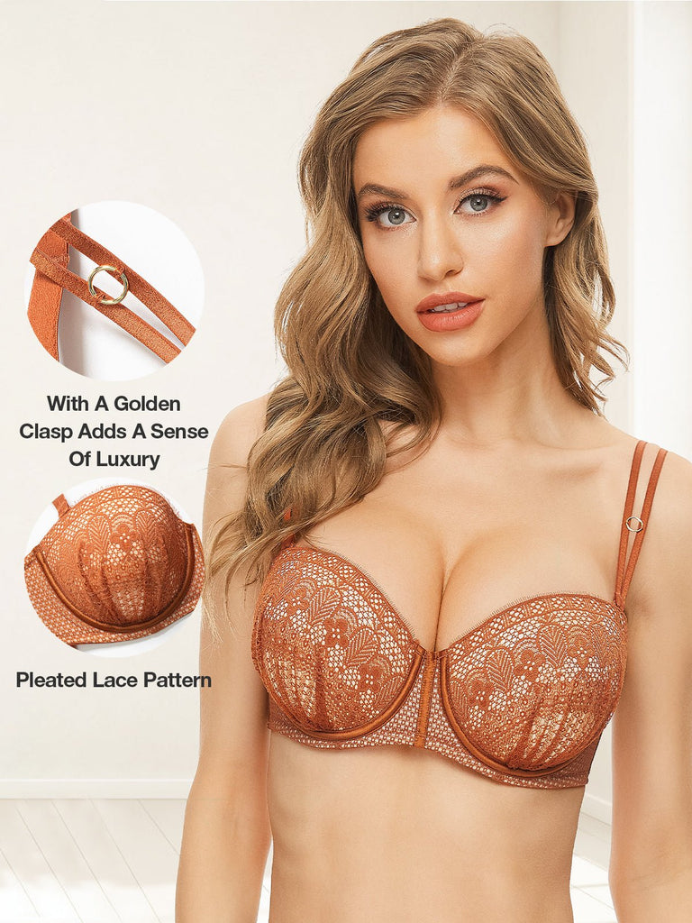 Push Up Bra Full Figure Strapless Pleated Lace Multiway Bra Caramel