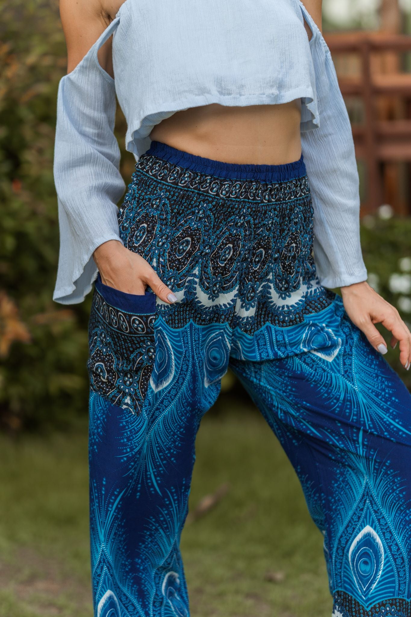 High Cut Harem Pants Vibrant Peacock Feather Print Bright Blue