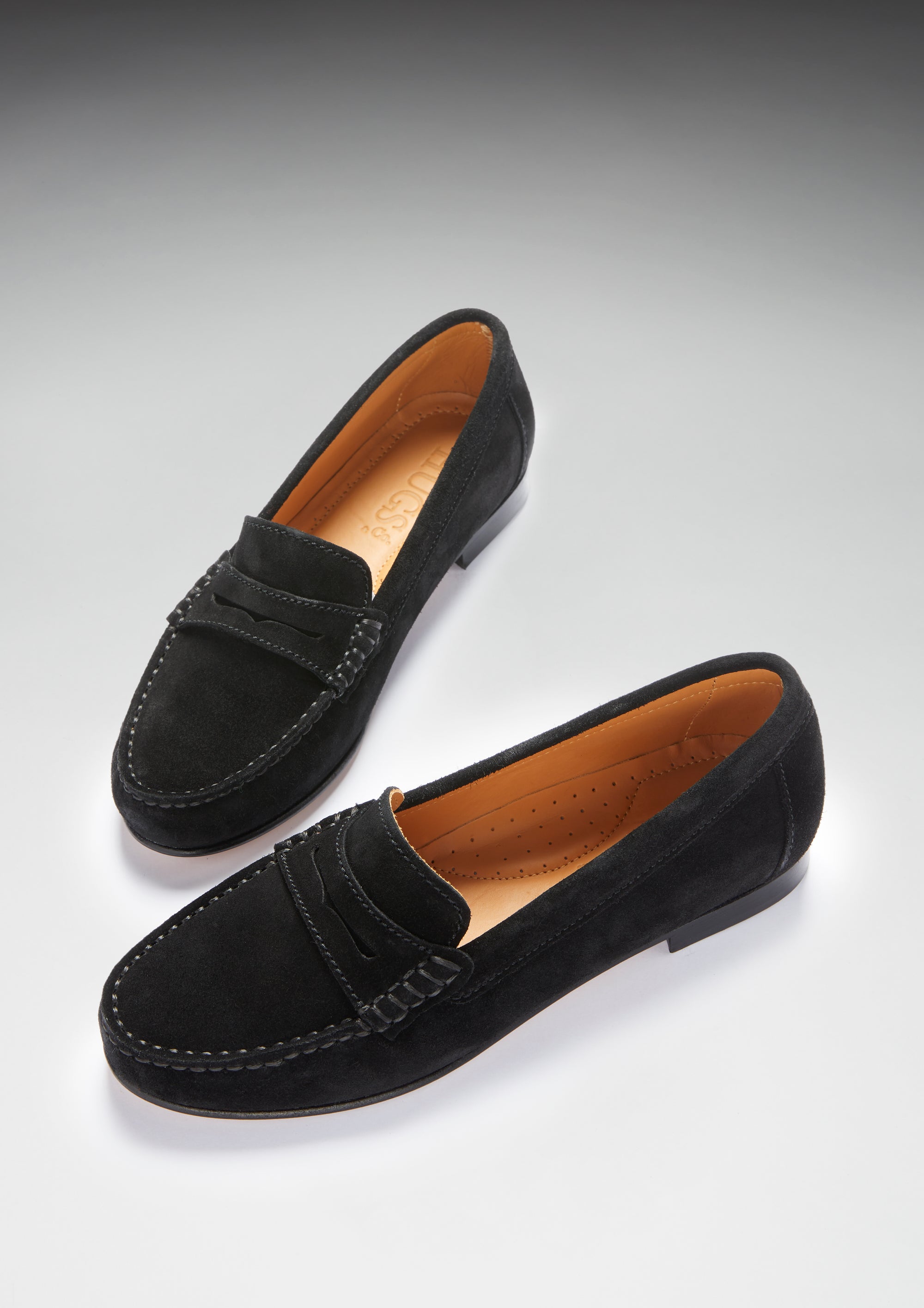 Womens Penny Loafers Leather Sole Black Suede Hugs And Co