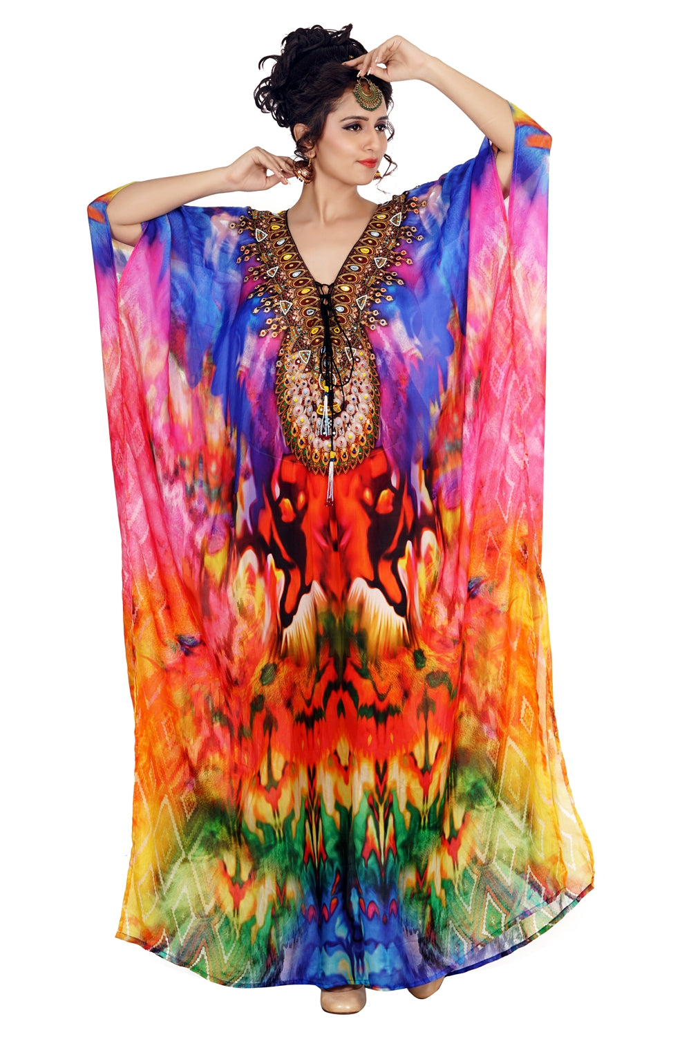 Long Multi Color Print Cloth Long Silk Kaftan Printed Silk Cloth For