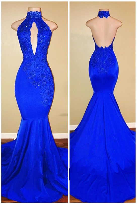 Halter Backless Mermaid Royal Blue Prom Dresses Mychicdress