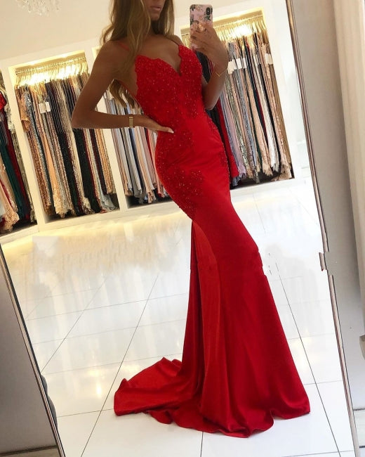 Red Lace Prom Dresses Spaghetti Straps Mermaid Evening Dress Mychicdress