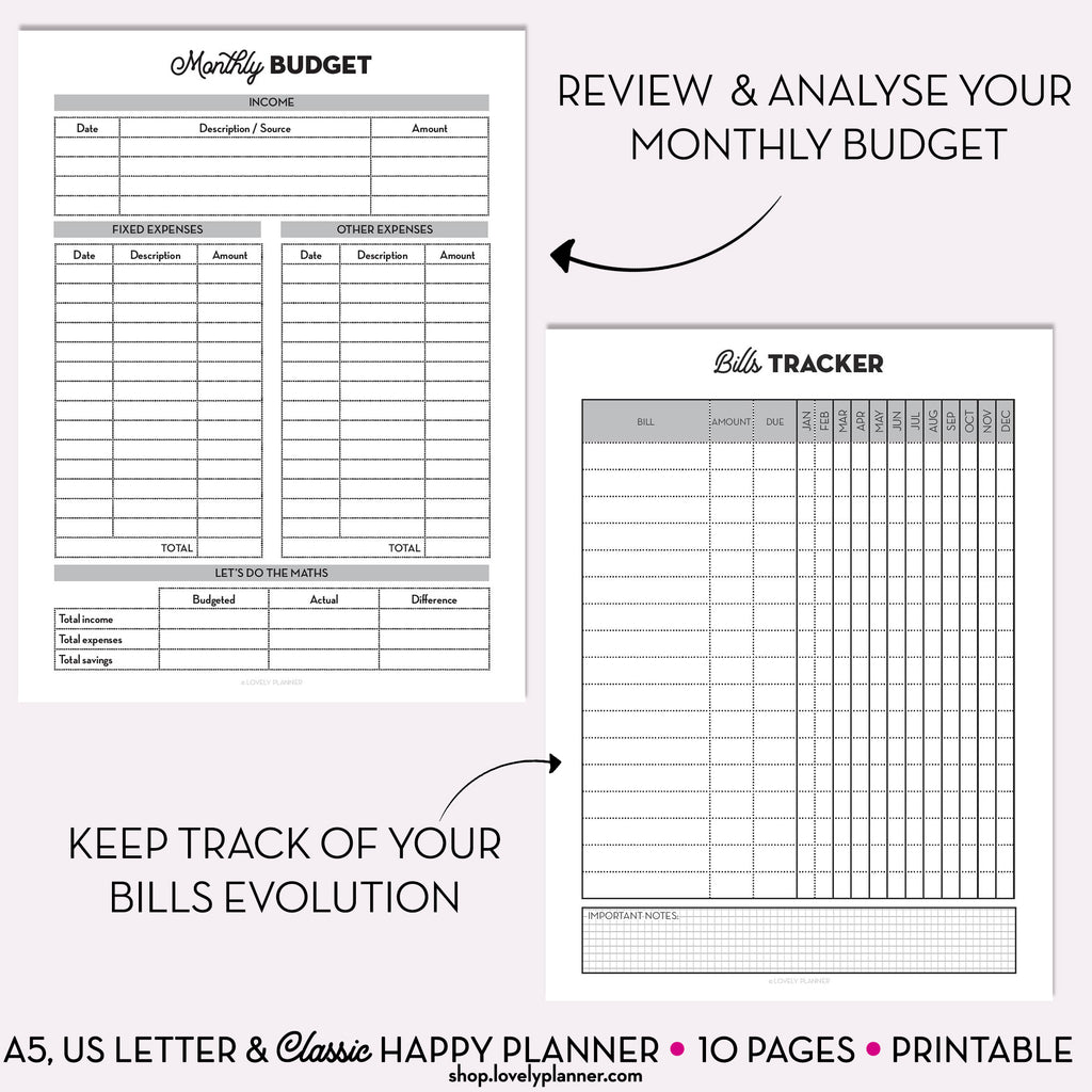 A5 And Us Letter Printable Monthly Budget Planner Half Letter 4 Sizes