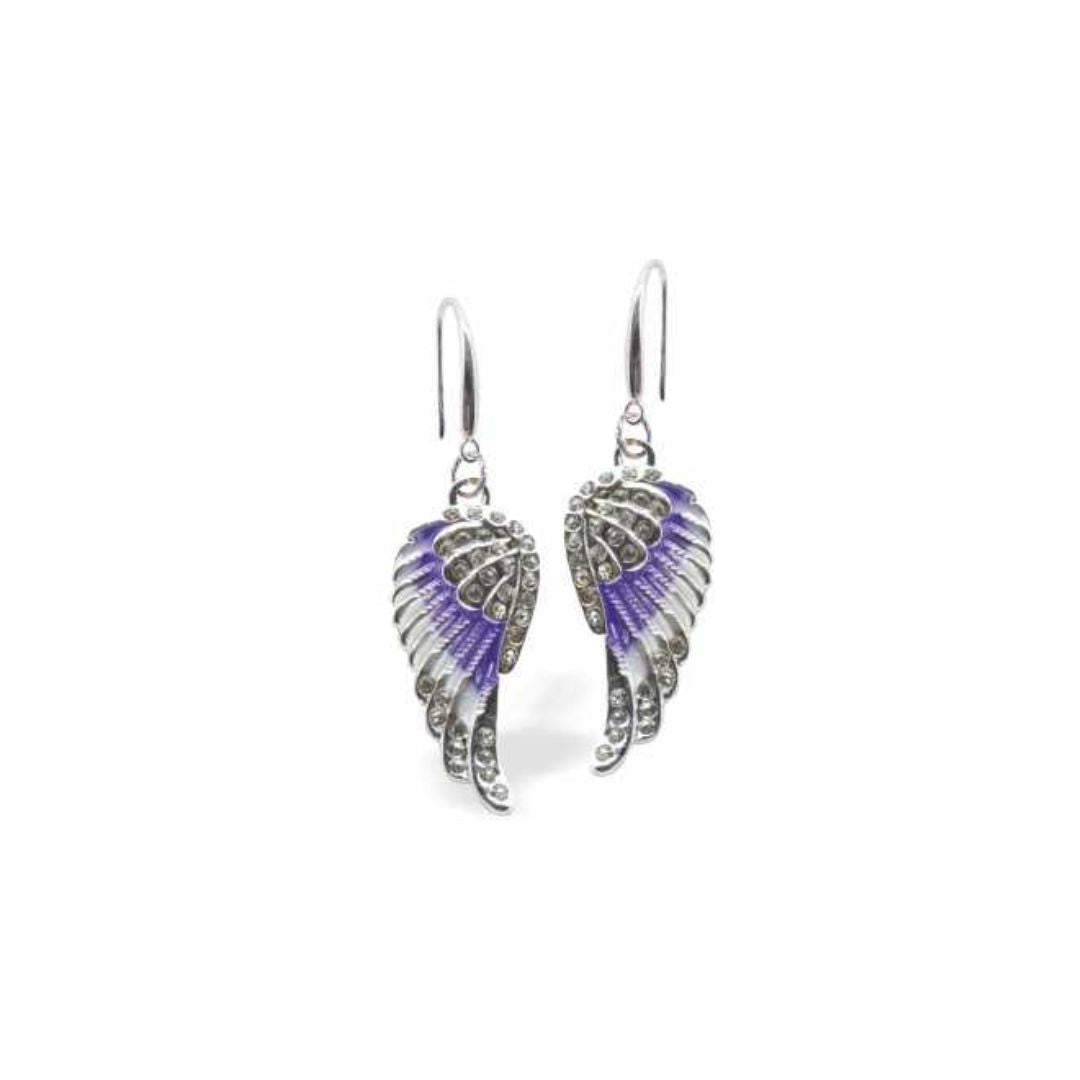 Angel Wing Drop Earrings In Purple And White Rhodium Plated