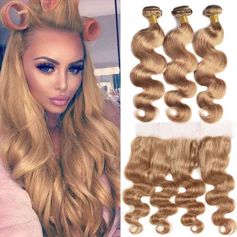 27 Honey Blonde Body Wave 3 Bundles With Frontal Human Hair Extensions