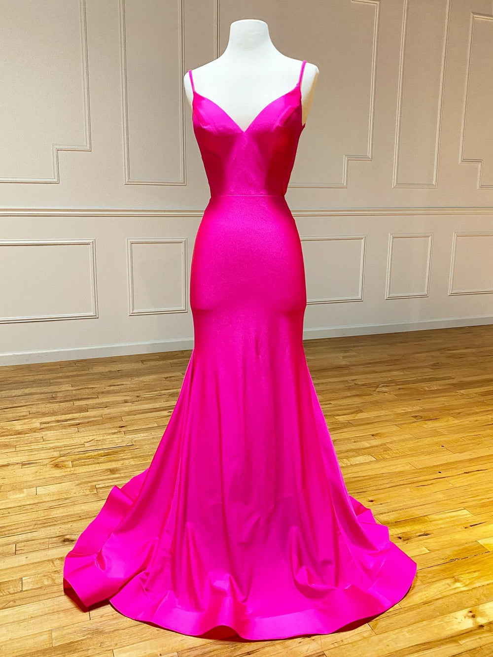 V Neck Mermaid Hot Pink Prom Dresses Hot Pink Mermaid Backless Formal