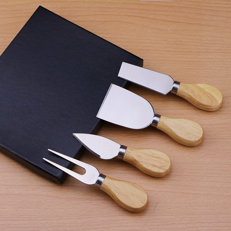 4pcs Wooden Handle Cheese Knives Set Cheese Knife Slicer Fork Scoop