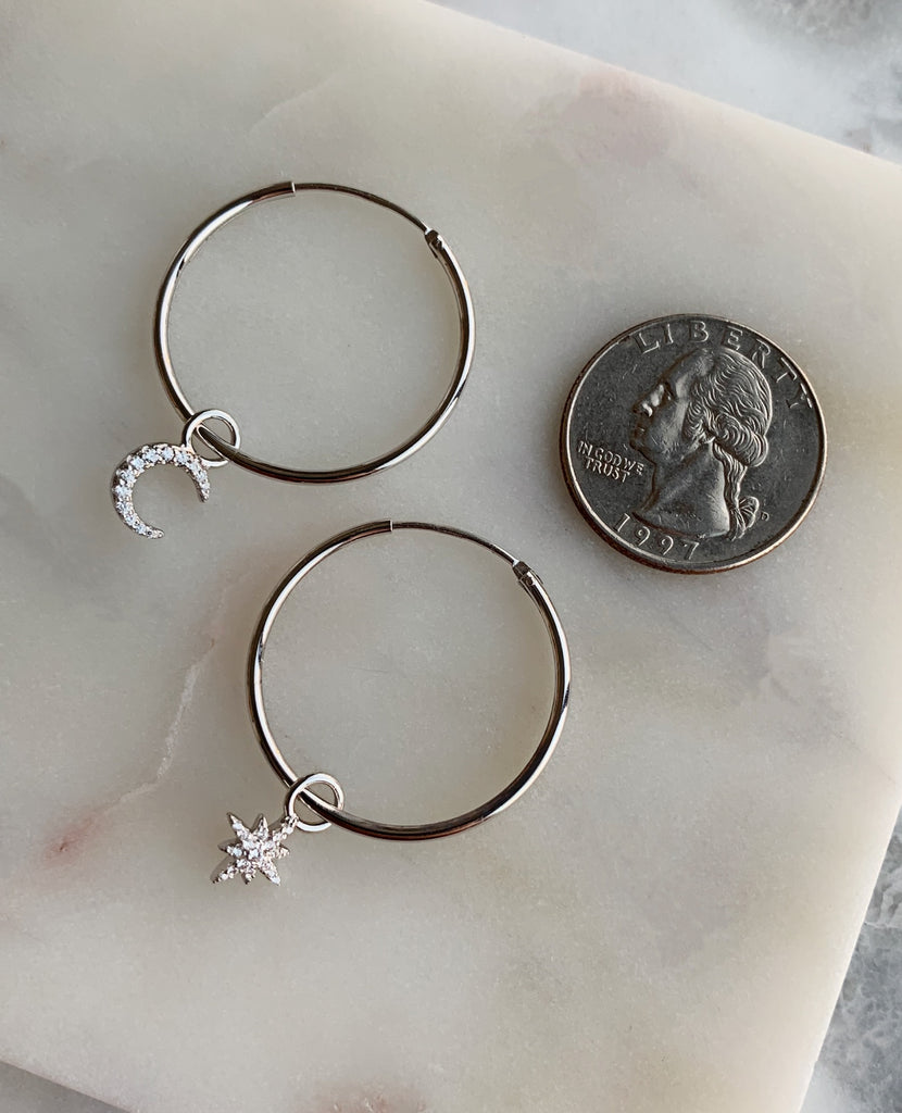 Star And Moon Hoop Earrings Star Hoop Earrings Silver Star Charm