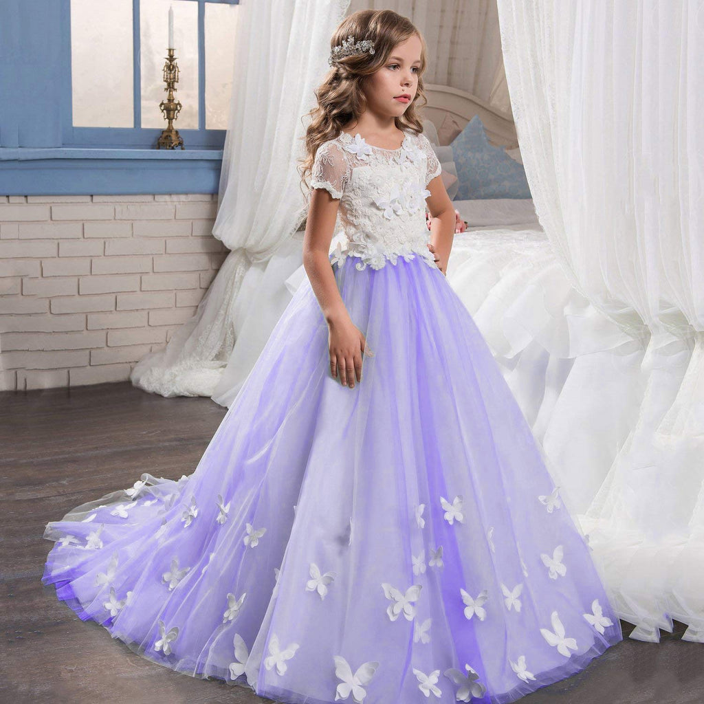 Butterfly Flower Girl Dress Fancy Tulle Lace Short Sleeved Pageant Dre