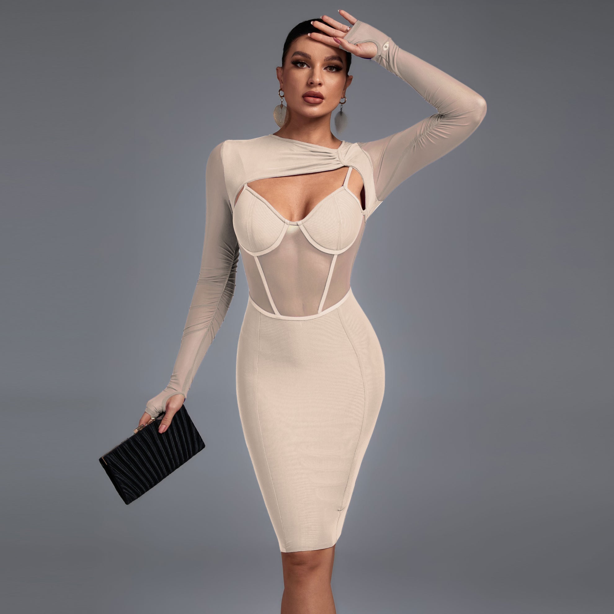 Round Neck Long Sleeve Midi Cut Out Mesh Bandage Dress By Wolddress