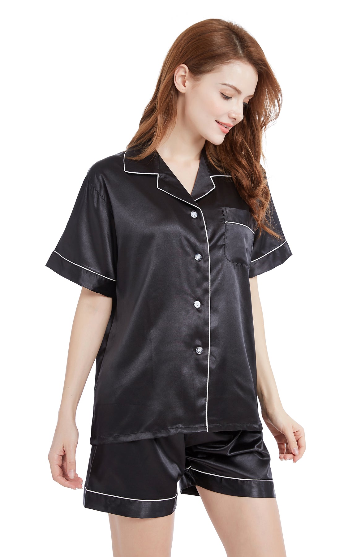 Womens Silk Satin Pajama Set Short Sleeve Black With White Piping