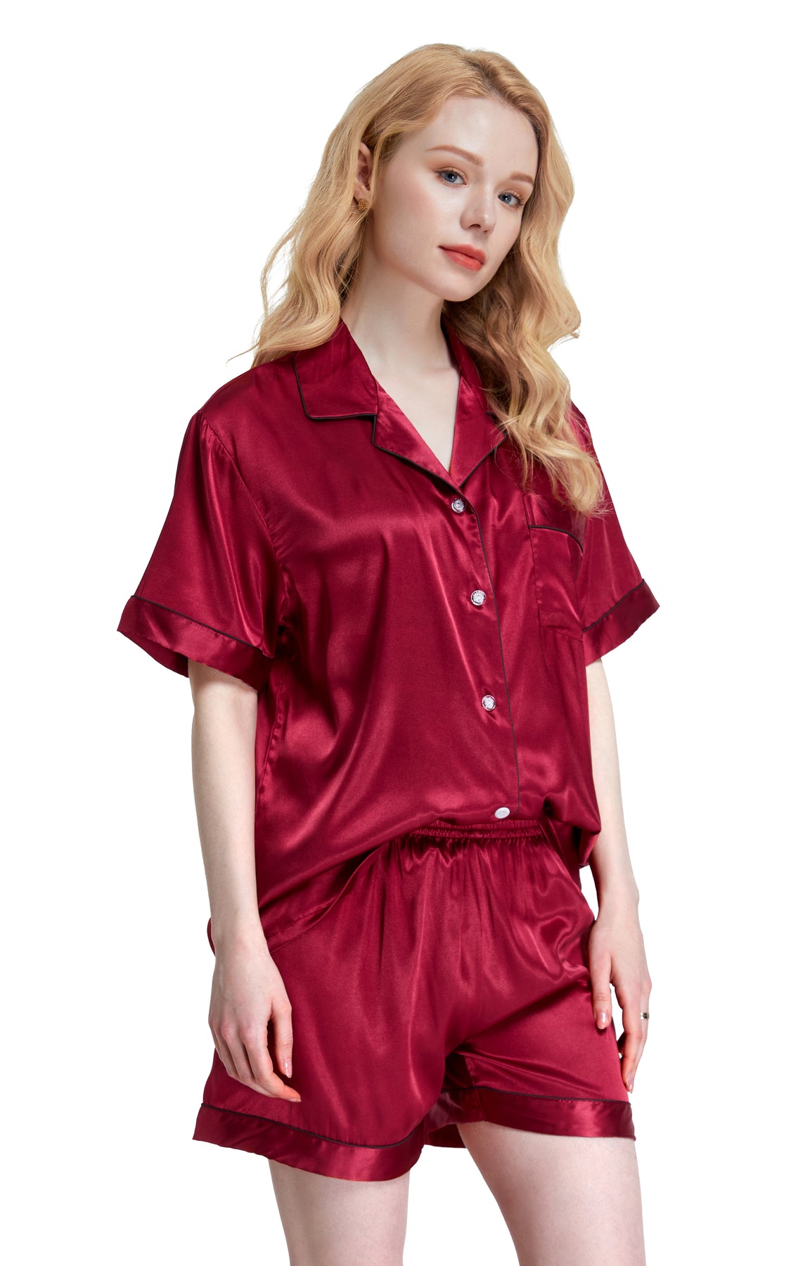 Womens Silk Satin Pajama Set Short Sleeve Burgundy With Black Piping