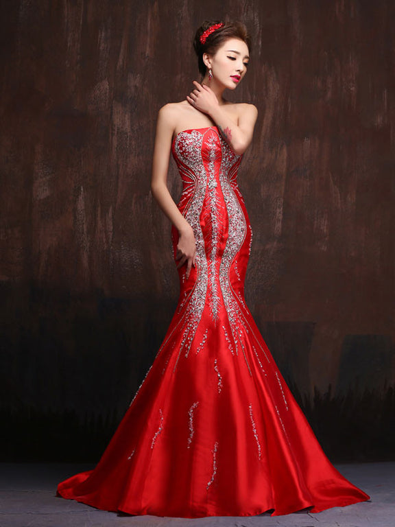 Scarlet Red Sexy Strapless Fit And Flare Mermaid Wedding Dress Formal