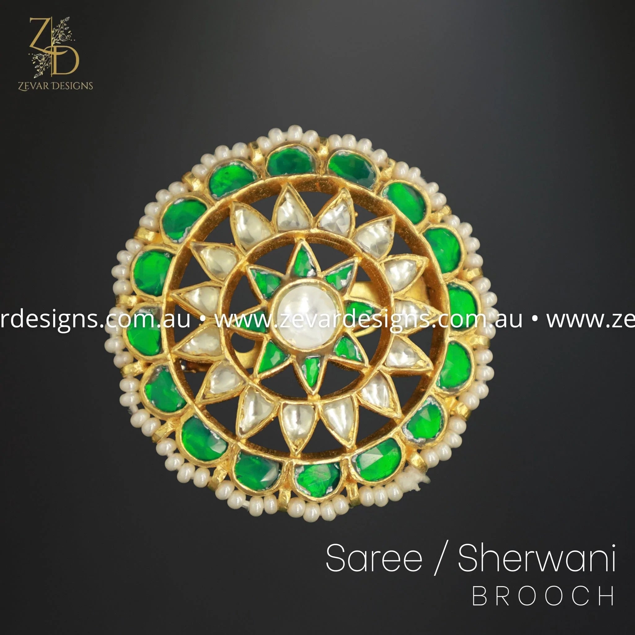 Pachi Kundan Sareesherwani Brooch Green Zevar Designs Australia