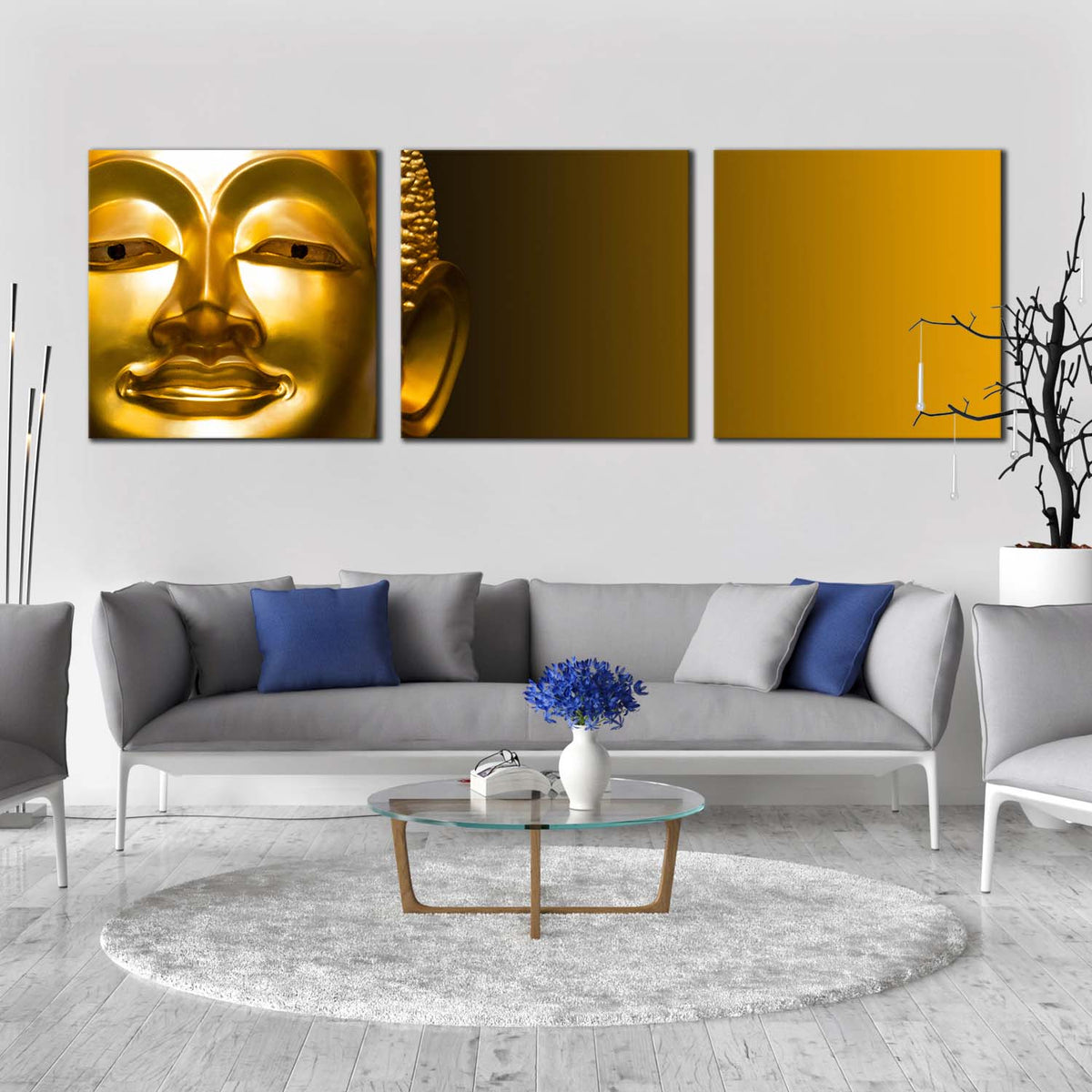 Buddha Statue Canvas Wall Art Yellow Background Buddha 3 Piece Multip