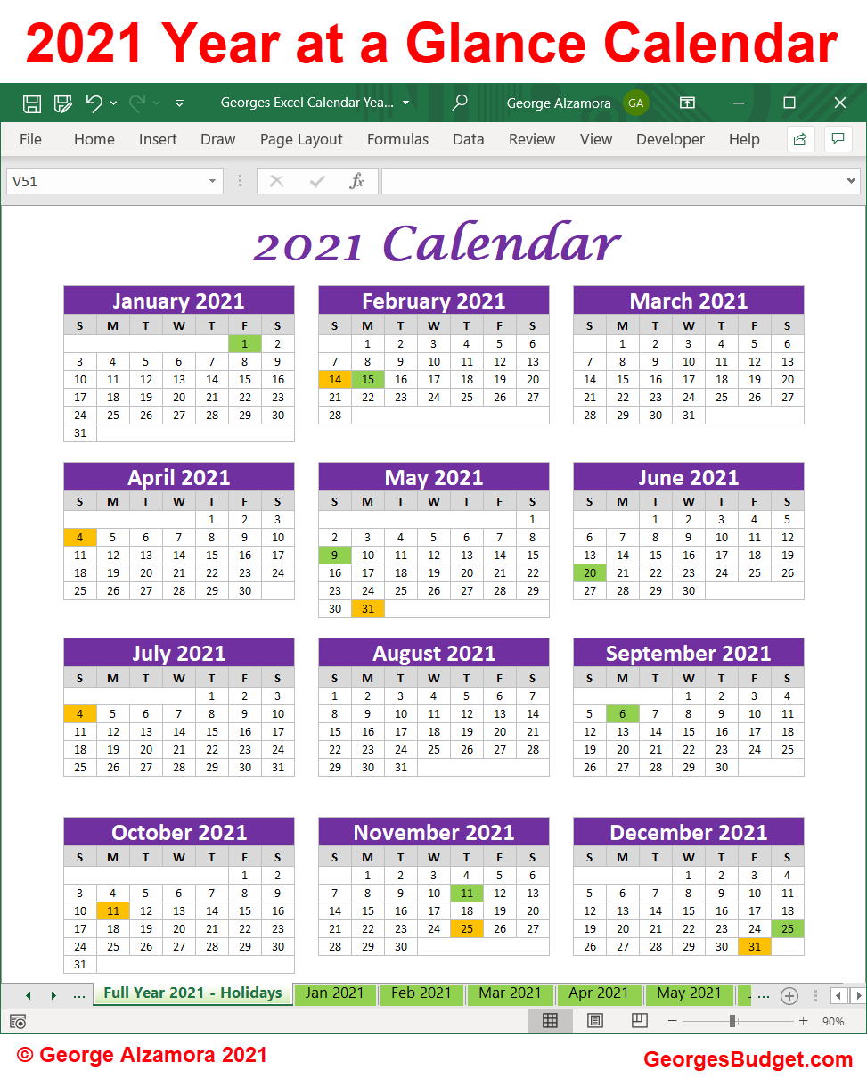 At A Glance 2021 Calendar Free Letter Templates