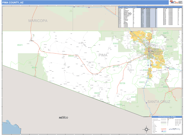 Pima County Arizona Zip Code Wall Map