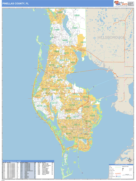 Pinellas County Florida Zip Code Wall Map