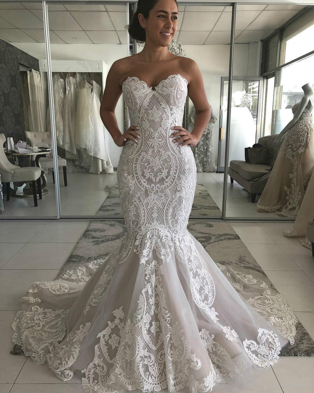 Buy Sexy Mermaid Ivory Lace Appliques Backless Wedding Dresses Wedding