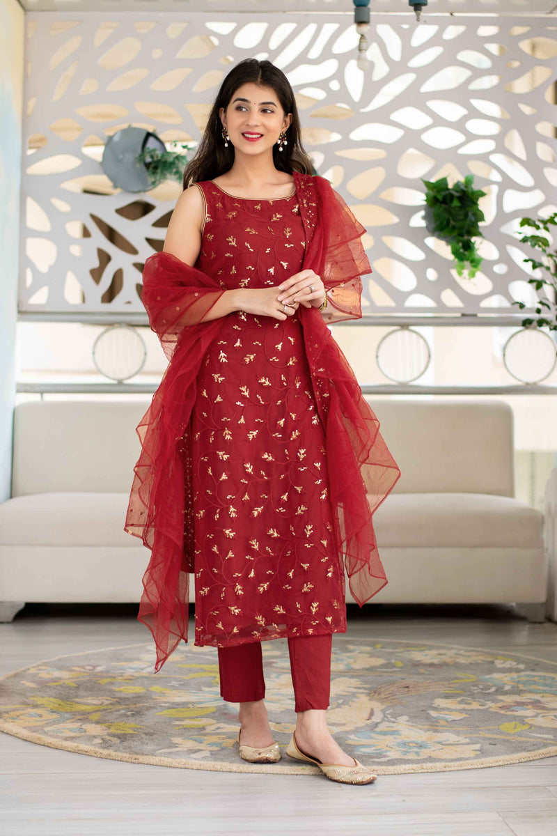 Buy Womens Red Kurta With Ruffle Dupatta Label Shaurya Sandhya