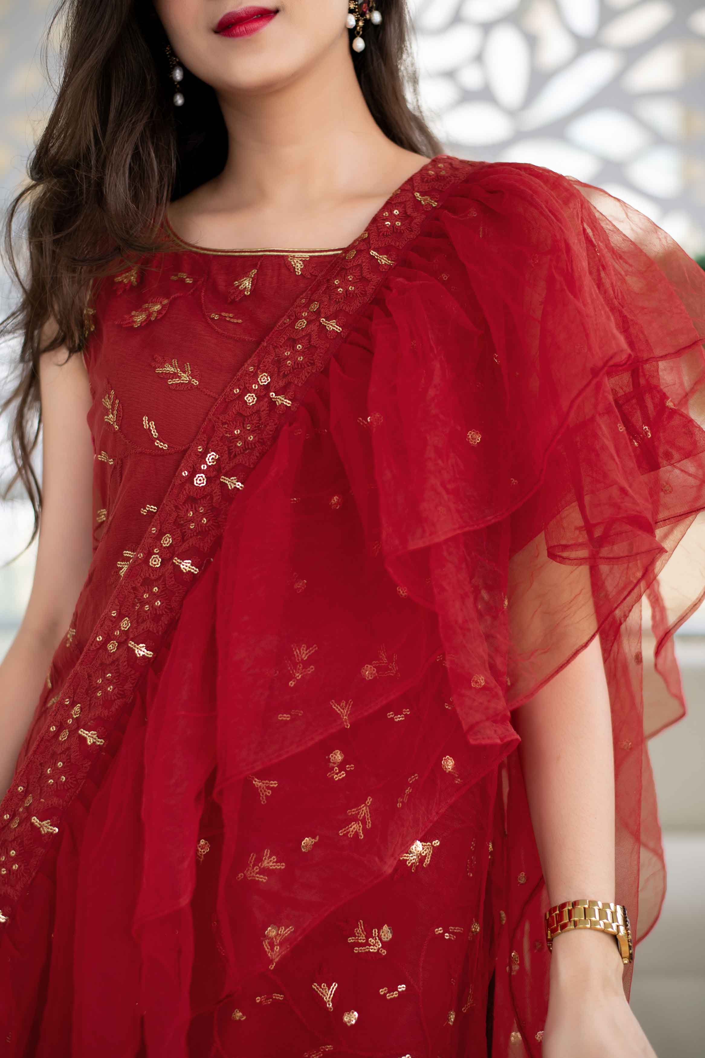 Buy Womens Red Kurta With Ruffle Dupatta Label Shaurya Sandhya