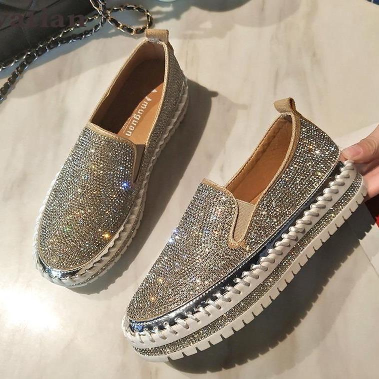 Womens Fashion Glitter Slip On Sneakers Rhinestone Shiny Crystal