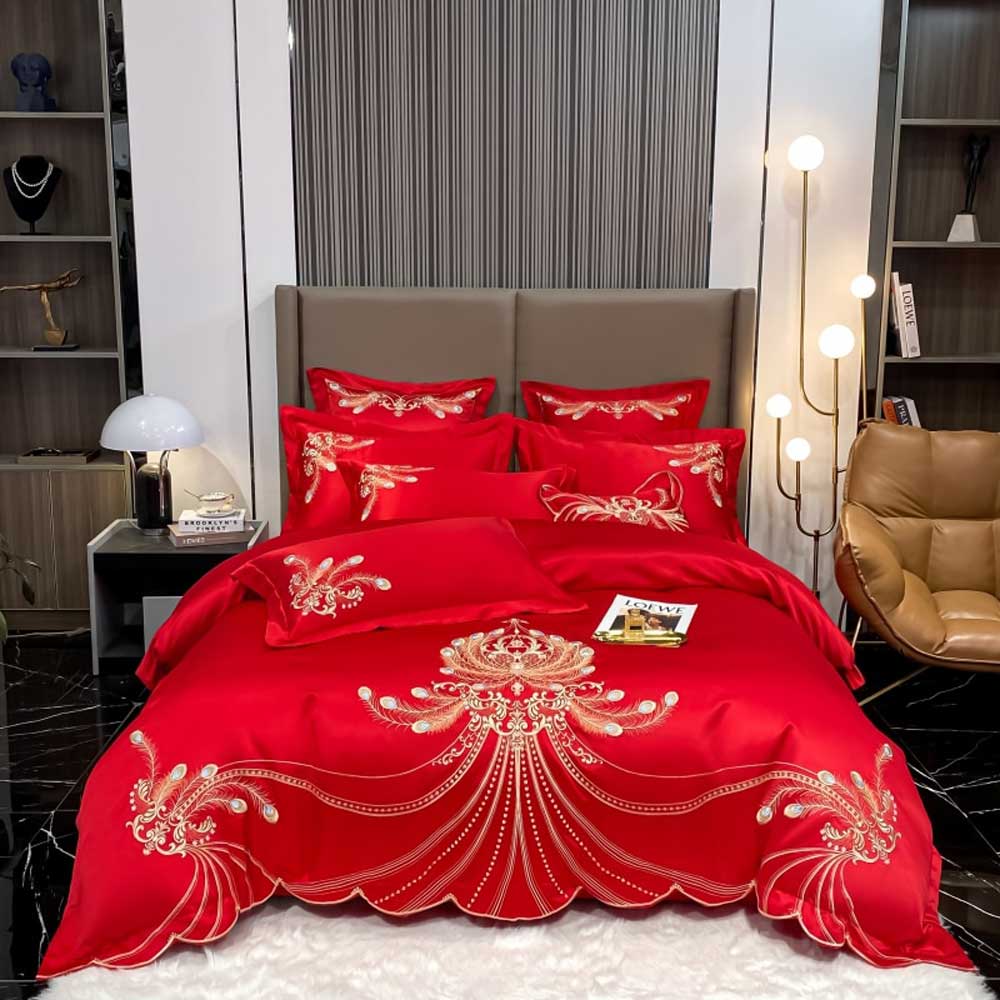 Luxury Gold Feather Embroidery Egyptian Cotton Bedding Set Yedwon