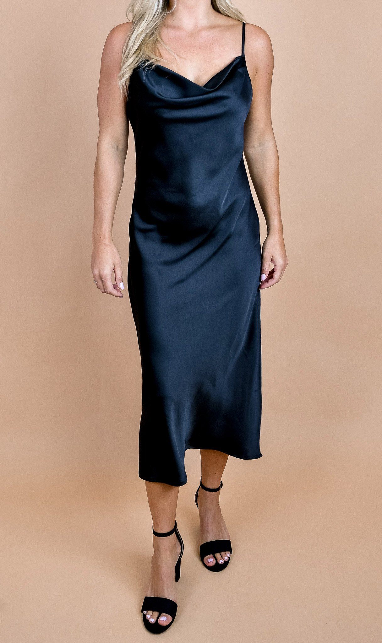 Satin Cowl Neck Slip Midi Black Dress Dress Elenista Clothing