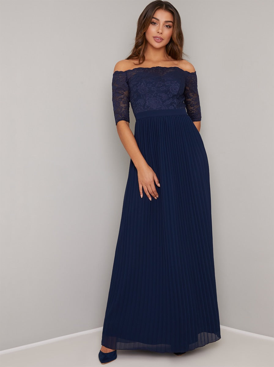 Bardot Neckline Lace Pleated Maxi Dress In Blue Chi Chi London