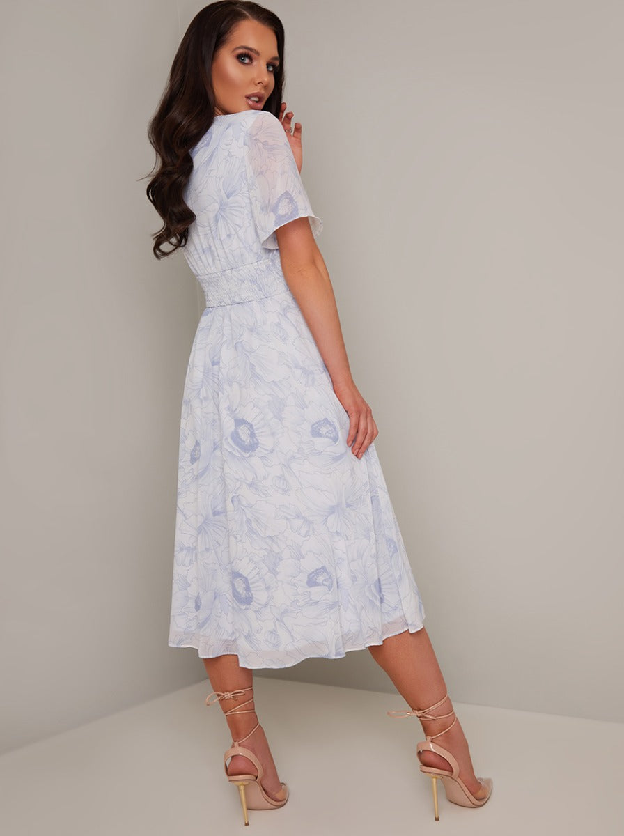 V Neck Short Sleeve Midi Floral Dress In White Chi Chi London